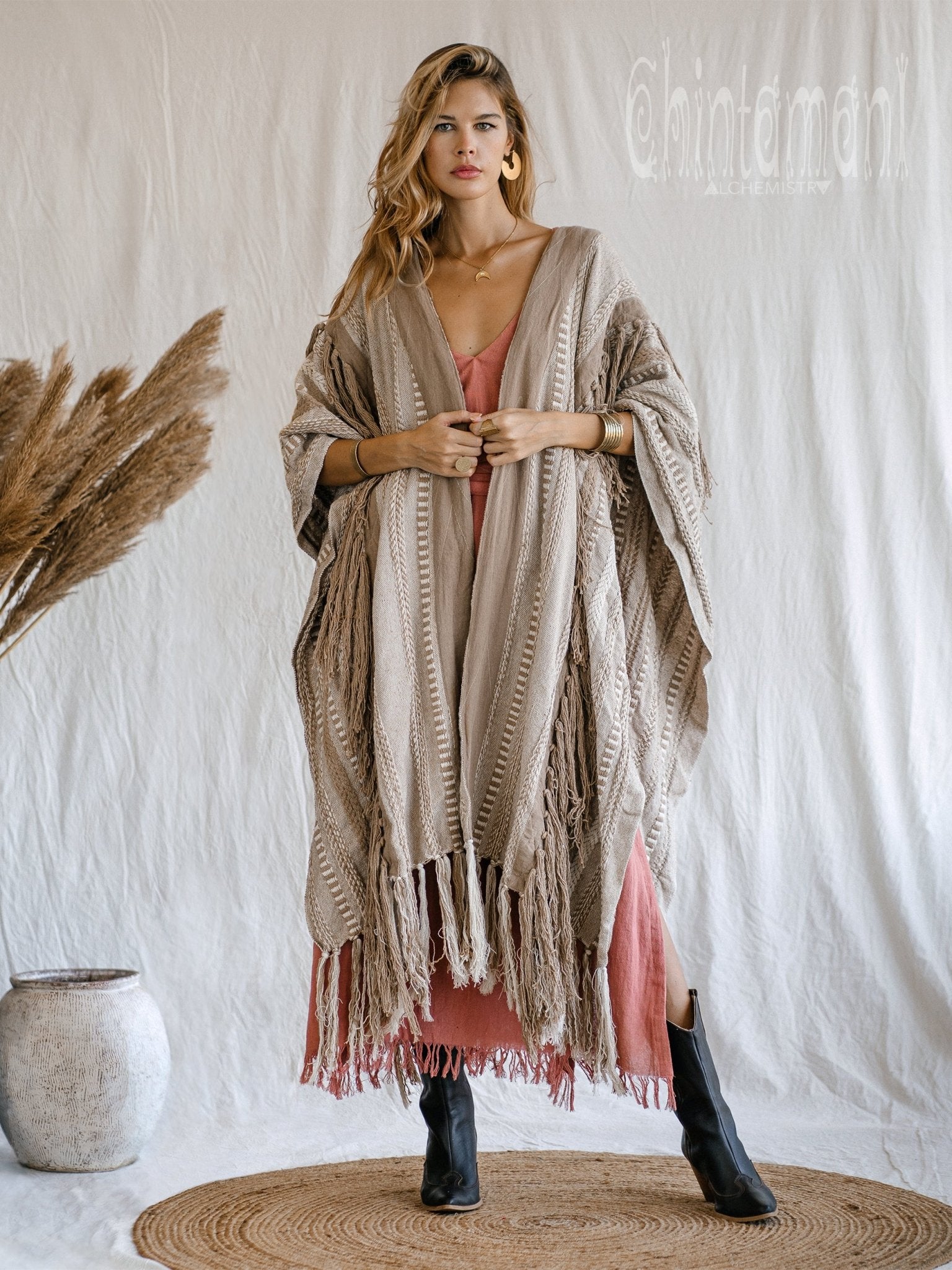 Jacquard Tassel Poncho / Coffee - ChintamaniAlchemi
