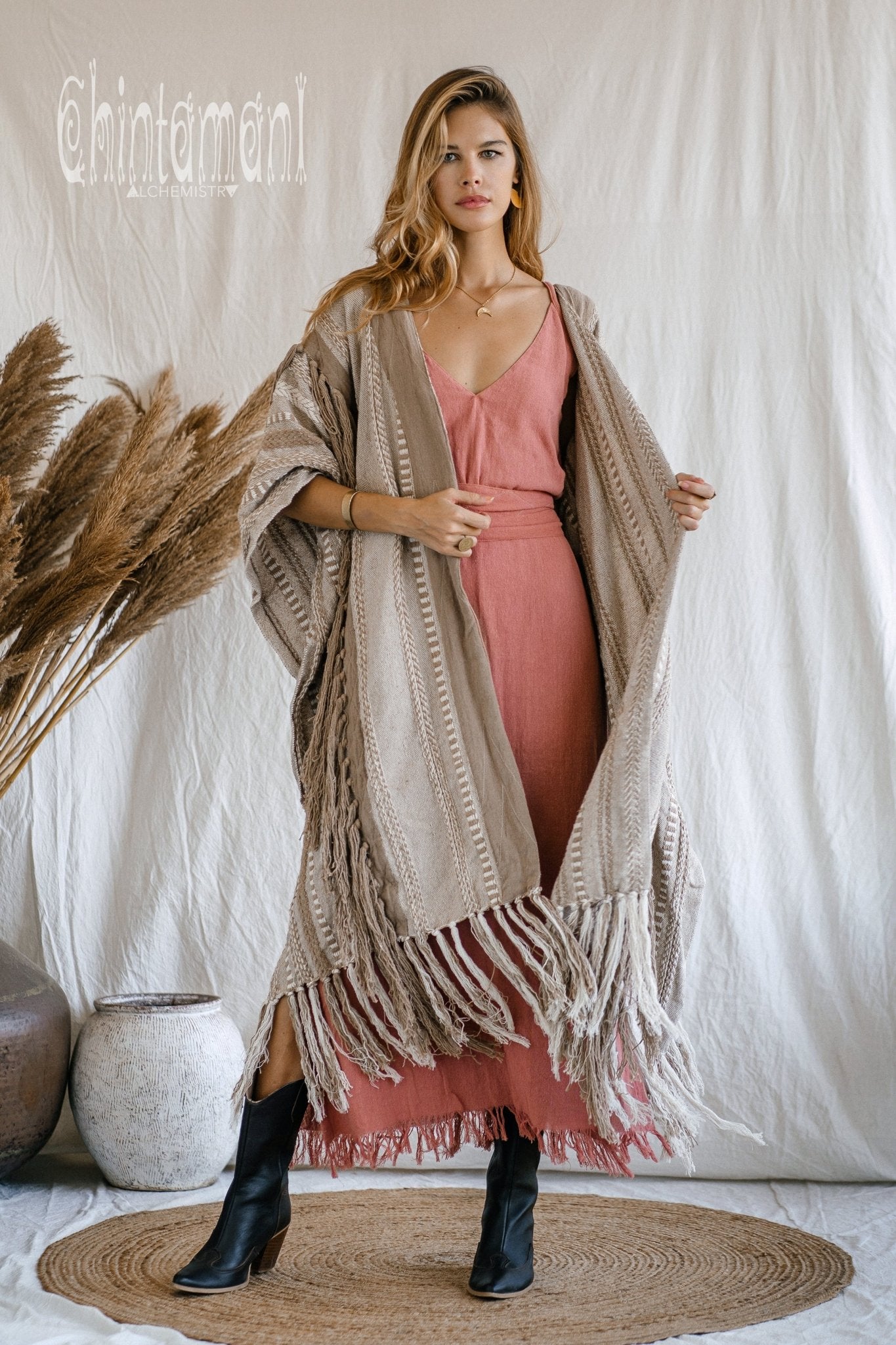 Jacquard Tassel Poncho / Coffee - ChintamaniAlchemi