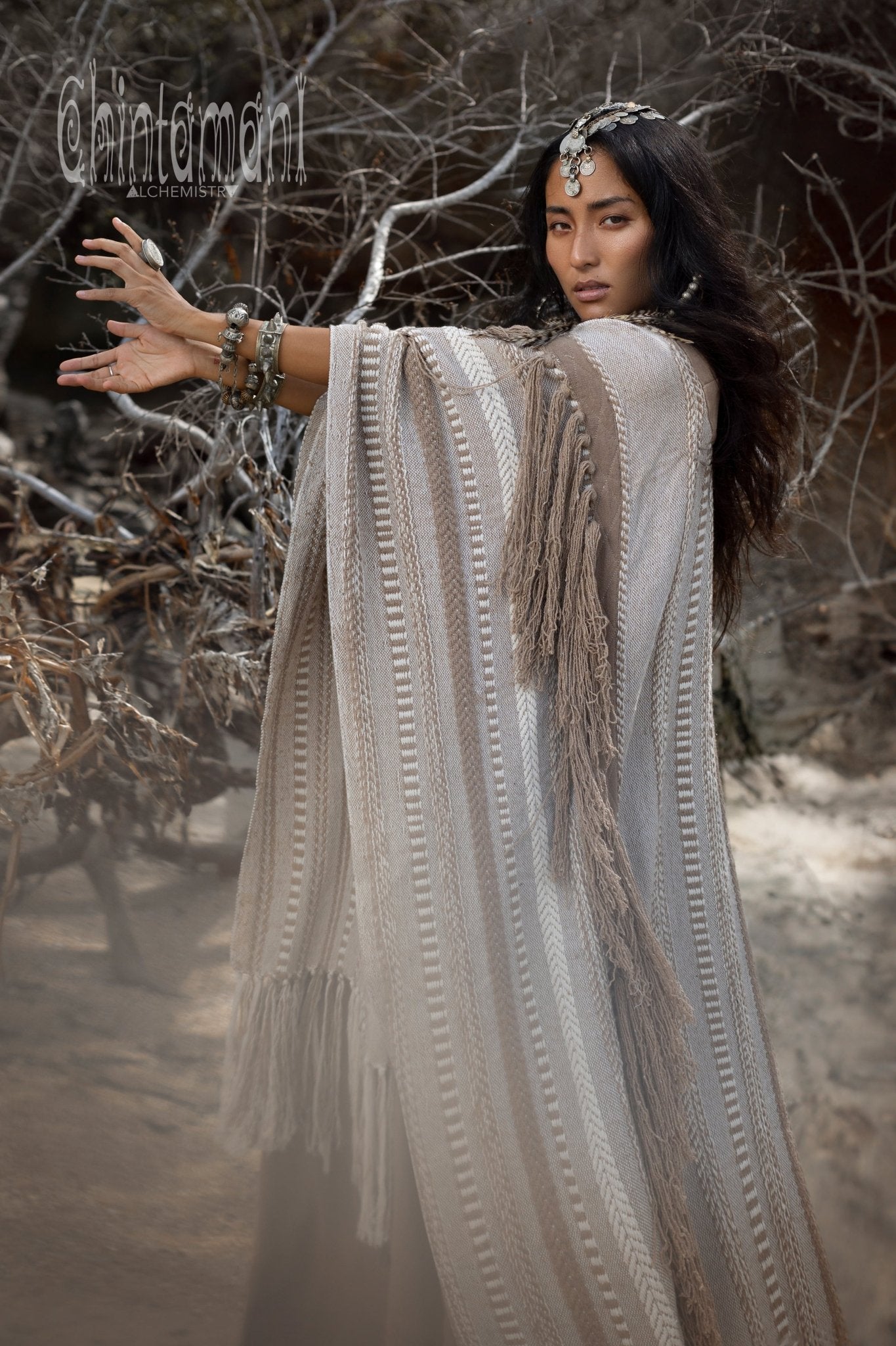 Jacquard Tassel Poncho / Coffee - ChintamaniAlchemi