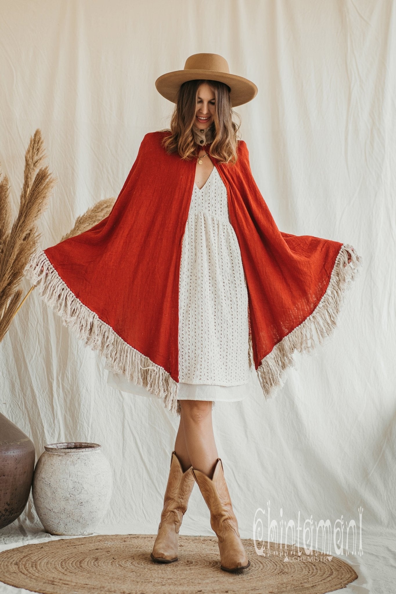 Fringed Cotton Poncho / Red Ochre - ChintamaniAlchemi
